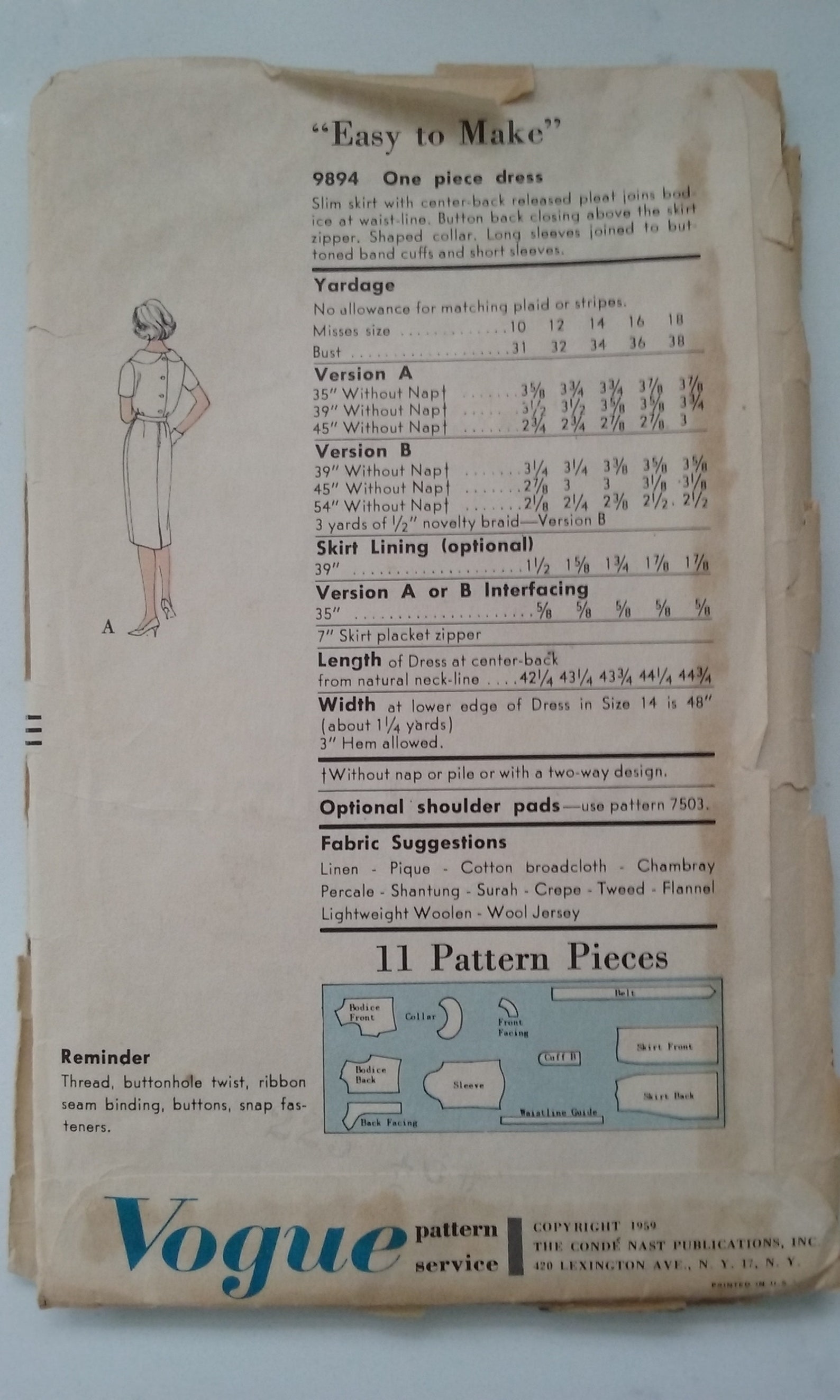Vintage Vogue 9894 Dress Pattern Size16 - Etsy