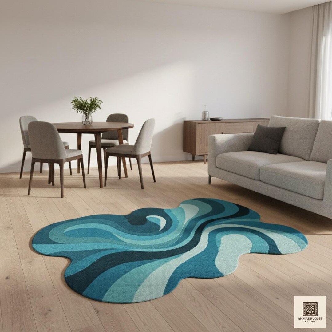 Hand Tufted Abstract Blue Rug – Modern Wavy Irregular Rug - Etsy