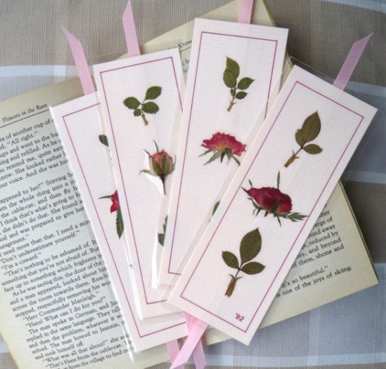 Pressed Flower Bookmarks real roses pressed on pastel pink | Etsy