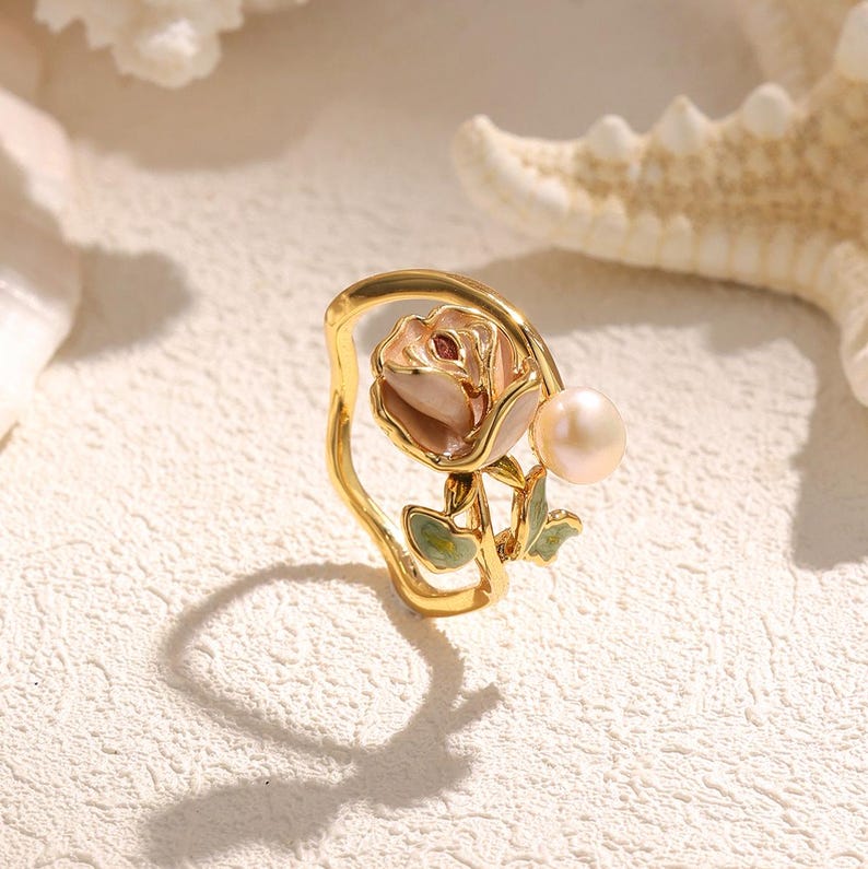Dainty Pink Rose and Pearl Ring: Floral Bloom Jewelry, Anniversary ...