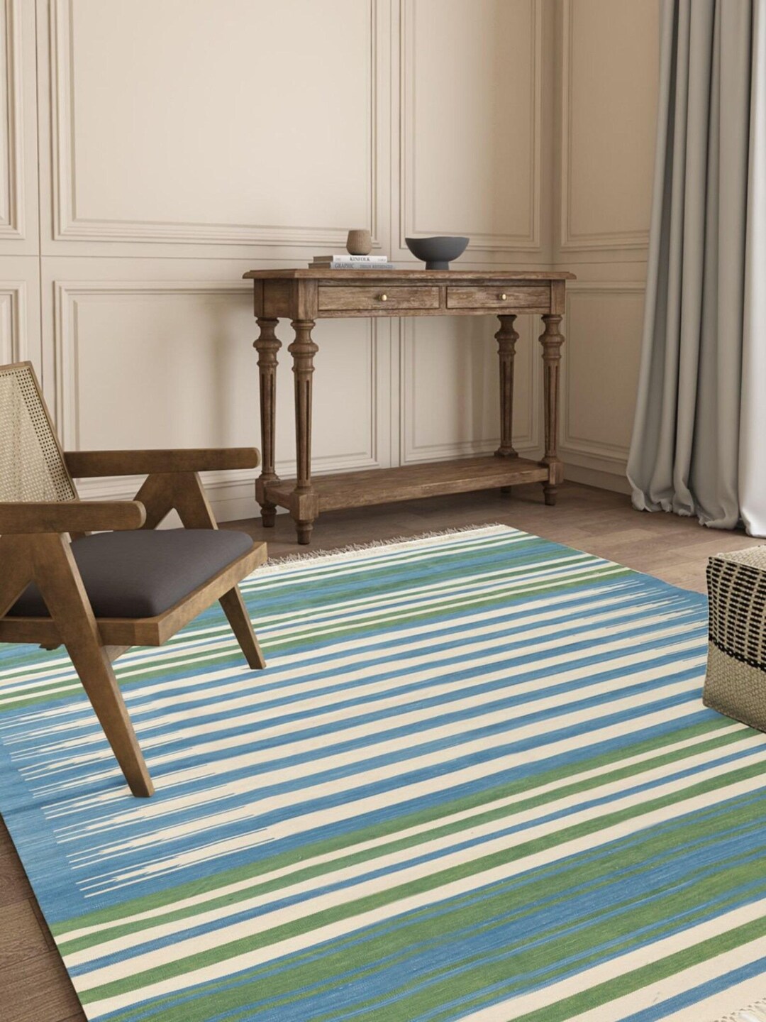 Handmade Striped Cotton Rug | Blue Green Flatweave Dhurrie | Modern ...