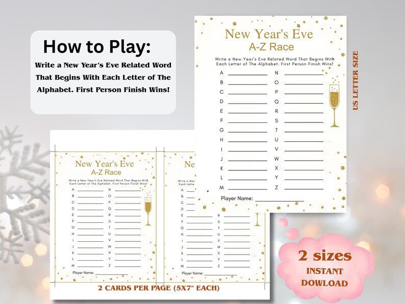 New Year's Eve A to Z Race Printable Game, NYE ABC Word Game, New Year ...
