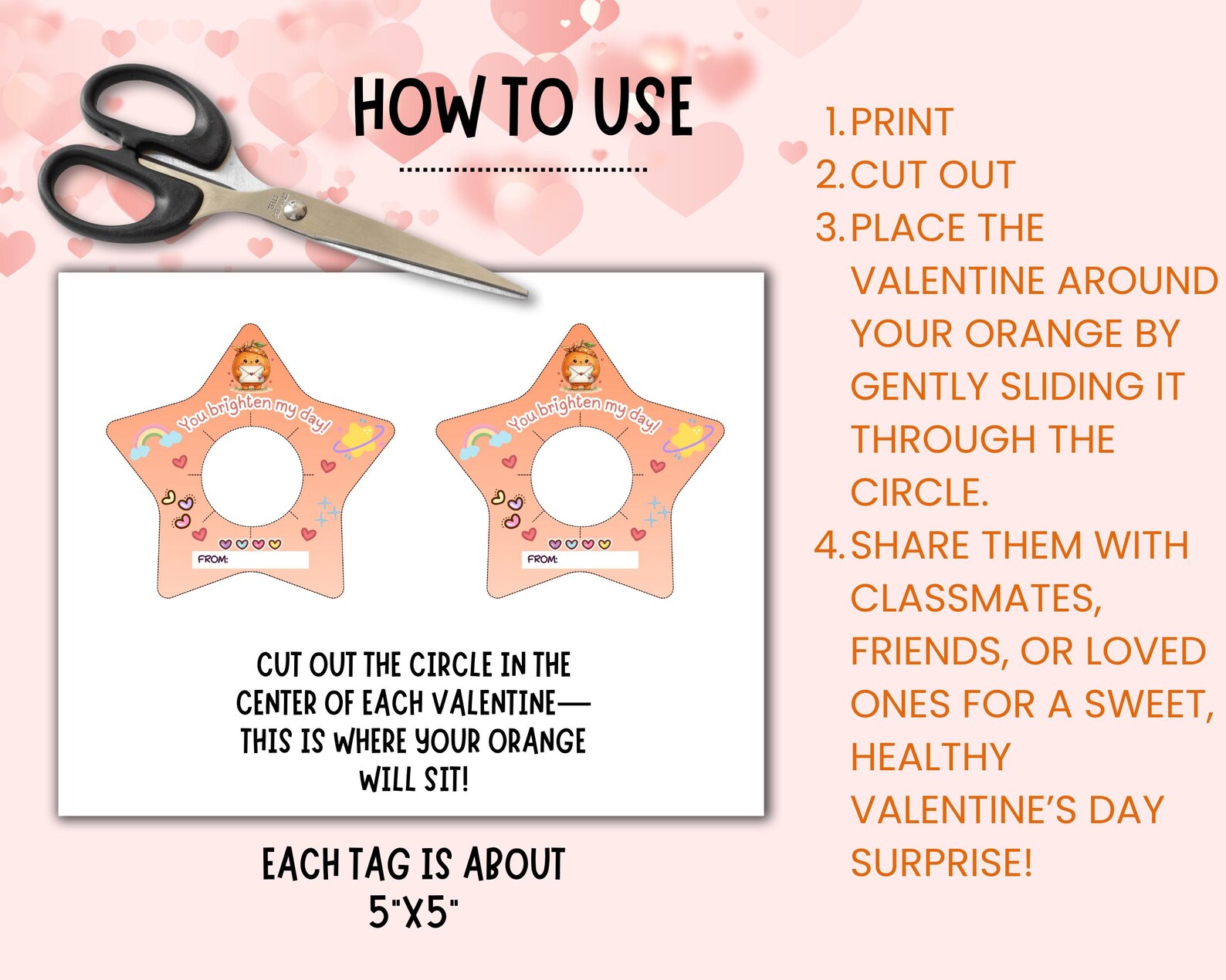 Printable Orange Valentine Tag Bundle, Kids Fruit Snack Topper, Set of ...