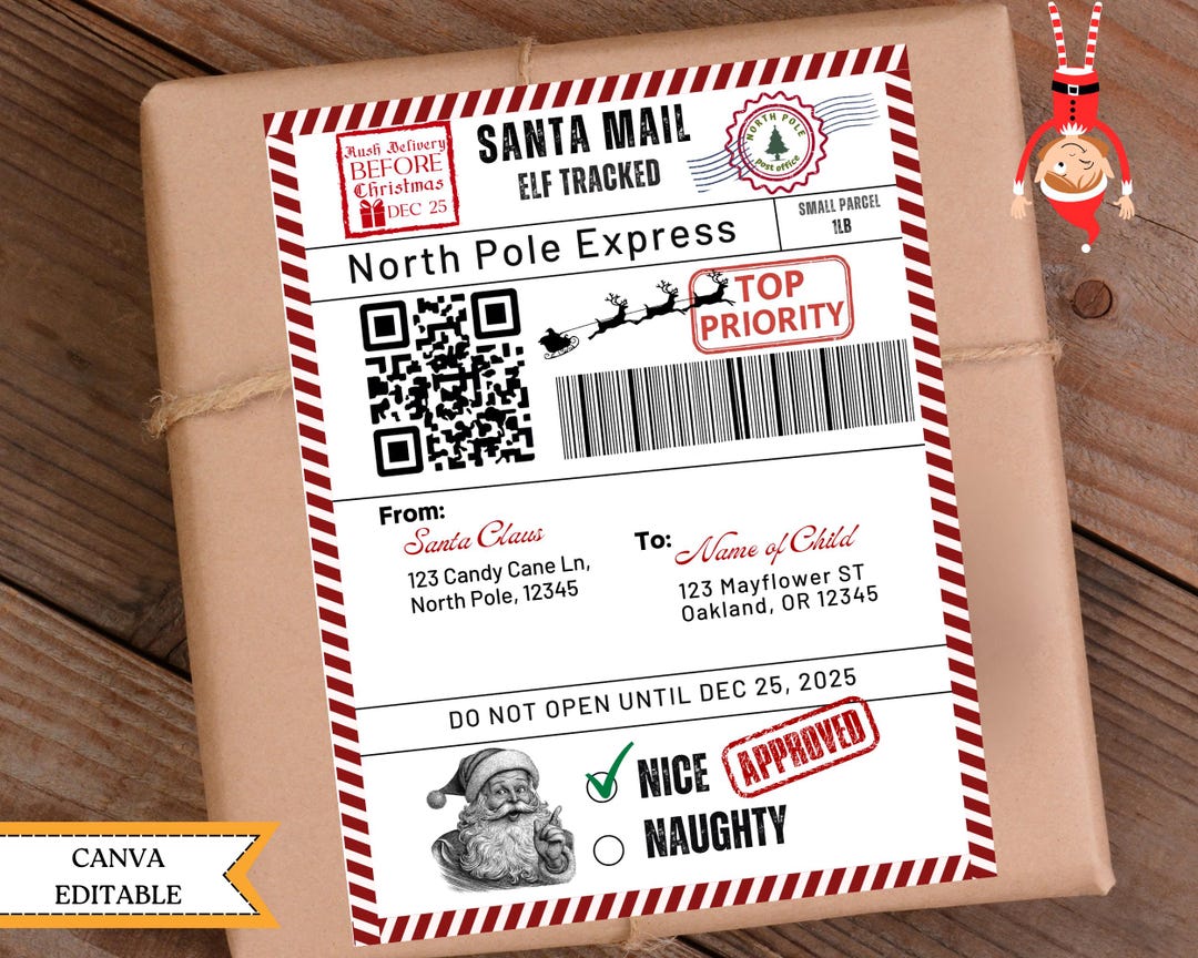 Editable Santa Shipping Label, Santa Mail Label, Christmas Elf Label, North Pole Express ...