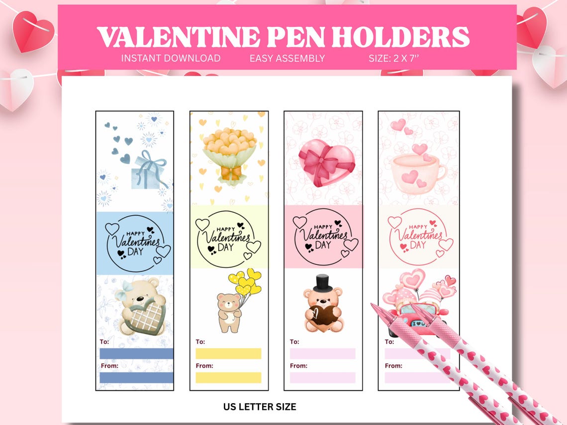 Valentine Pen Holders Printable, Classroom Valentine Pen Sleeve Tag ...