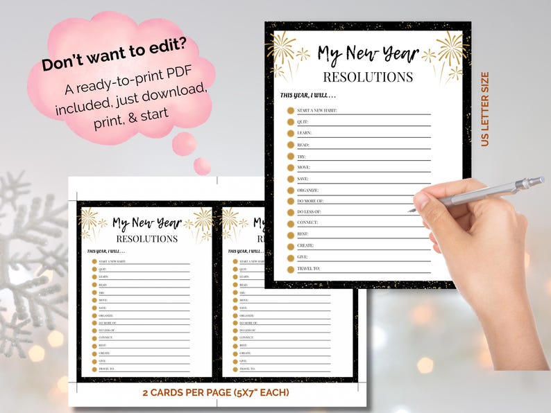 Editable New Year's Resolution Card Template, Printable 2026 Goal ...