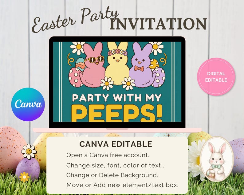 Party With My Peeps Easter Invitation Template Editable, Retro Easter ...