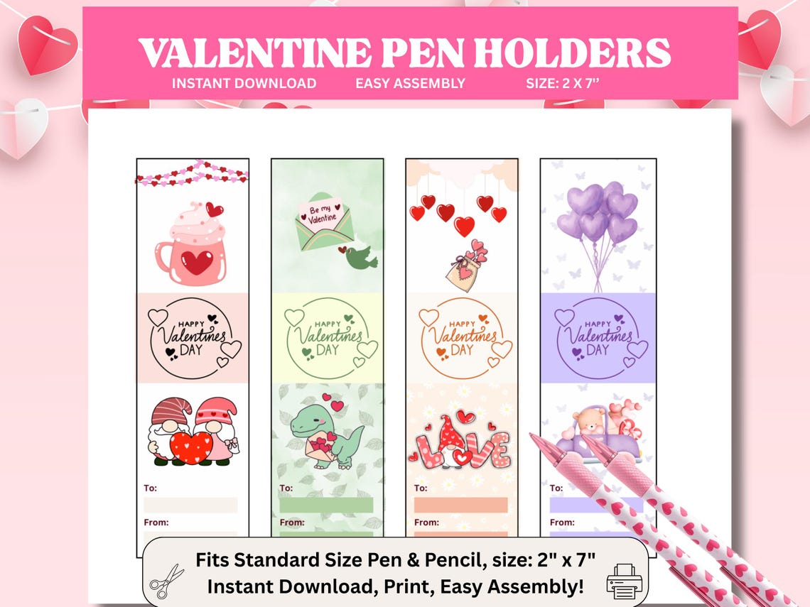 Valentine Pen Holders Printable, Classroom Valentine Pen Sleeve Tag ...