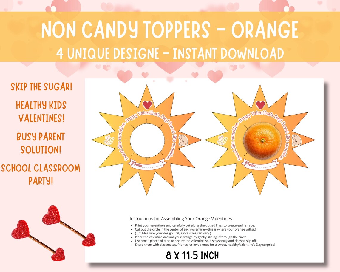 Printable Orange Valentine Tag Bundle, Kids Fruit Snack Topper, Set of ...
