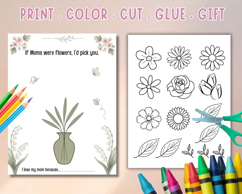 Mother's Day Craft for Kids, Build a Flower Bouquet Printable, DIY Gift ...