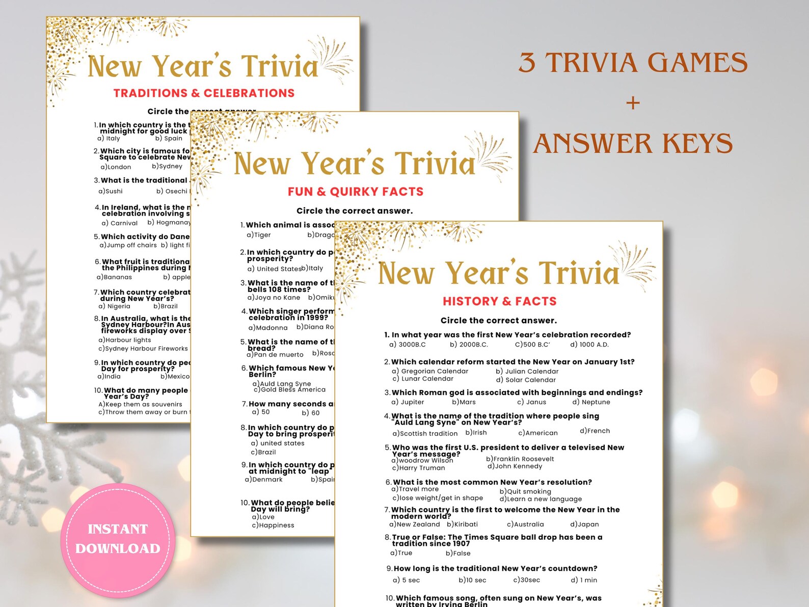 New Year's Eve Trivia Games Printable for Adults & Family, New Year's ...