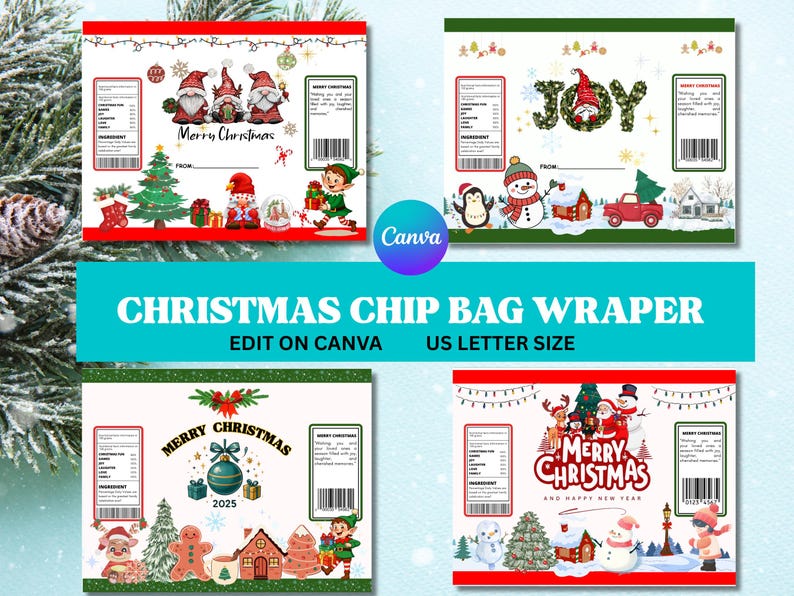 EDITABLE Christmas Chip Bag Wrapper Template, Canva Holiday Party Favor ...