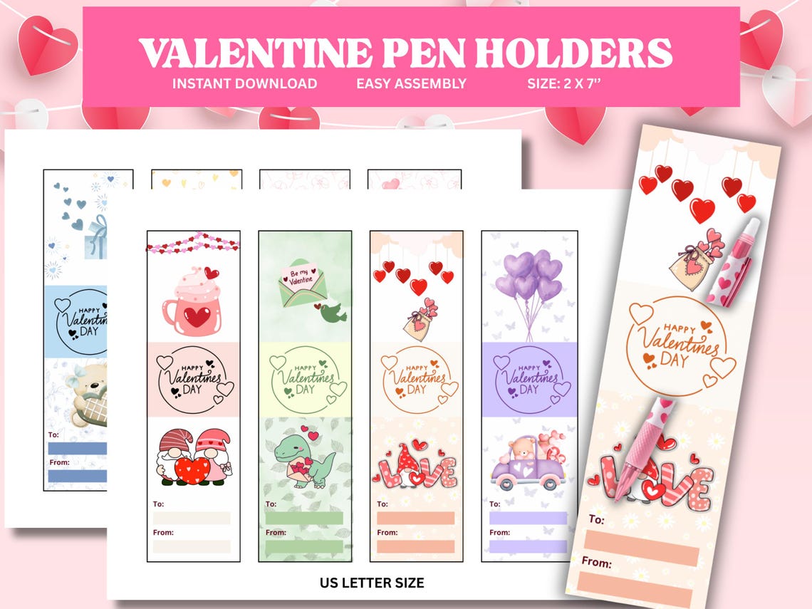Valentine Pen Holders Printable, Classroom Valentine Pen Sleeve Tag ...