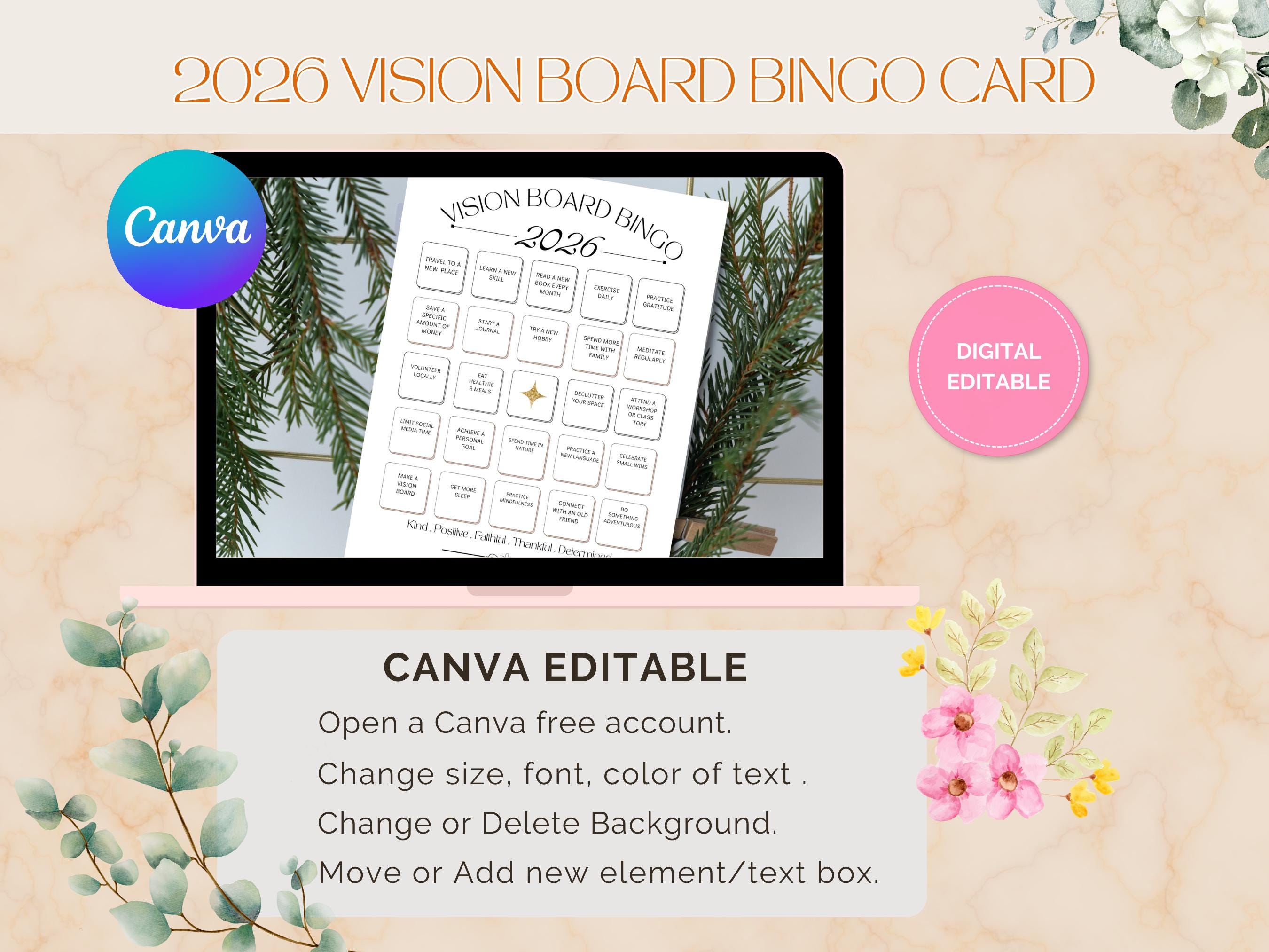Editable 2026 Vision Board Bingo Template, 2026 New Year Resolutions ...