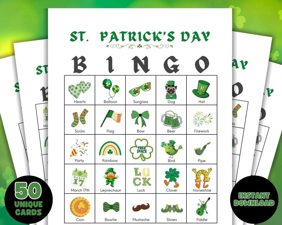 St Patricks Day Bingo Game for Kids, 50 Unique Bingo Cards,lucky Clover ...