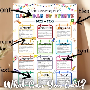 PTA Calendar of Events Flyer Editable PTO Monthly Events Template for ...