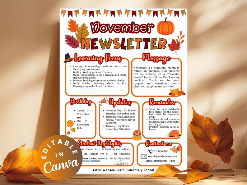 November Classroom Newsletter Editable Template for Teachers ...