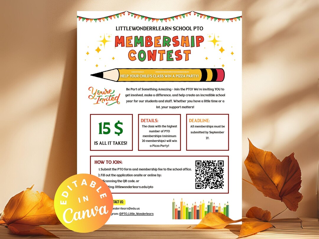 PTO PTA Membership Contest Flyer Editable PTO Template for School ...