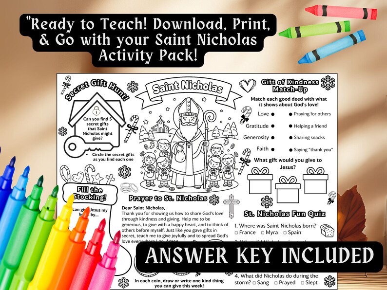 Saint Nicholas Day Activity Placemat Kids Catholic Saint Bookmark St ...