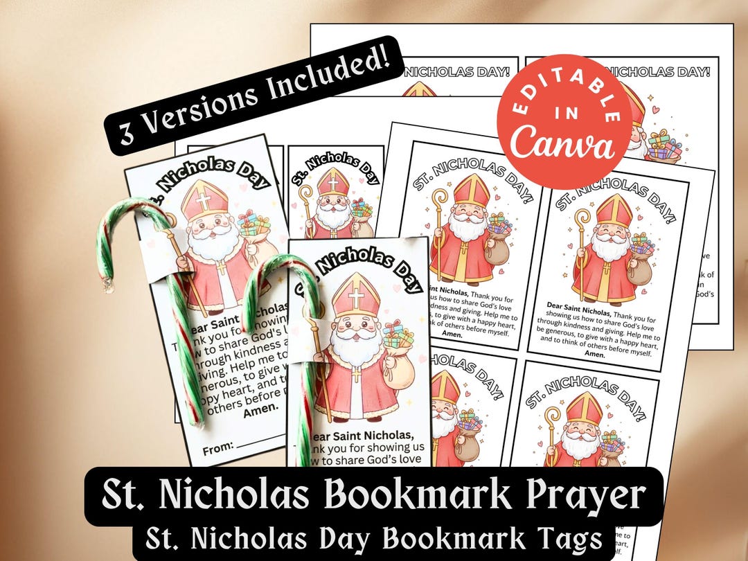 St Nicholas Day Bookmark Printable Candy Cane Holder for Kids, Catholic ...