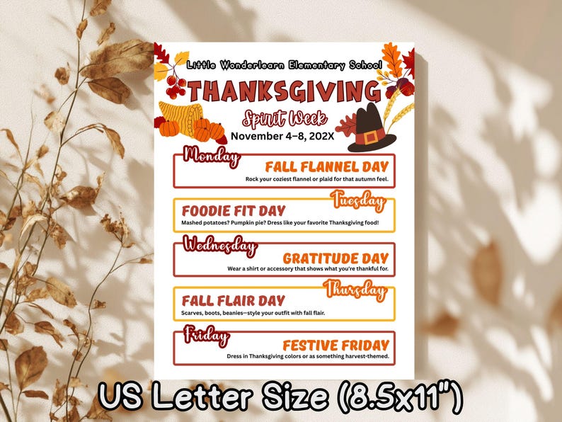 Thanksgiving Spirit Week Template Elementary School Holiday Event ...