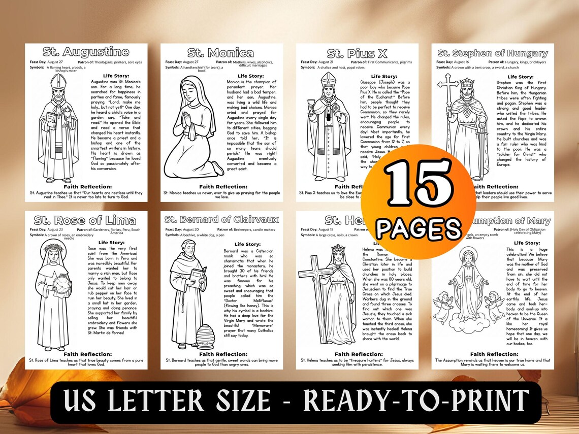 August Catholic Saints Coloring Pages Bundle Kids Monthly Saints ...