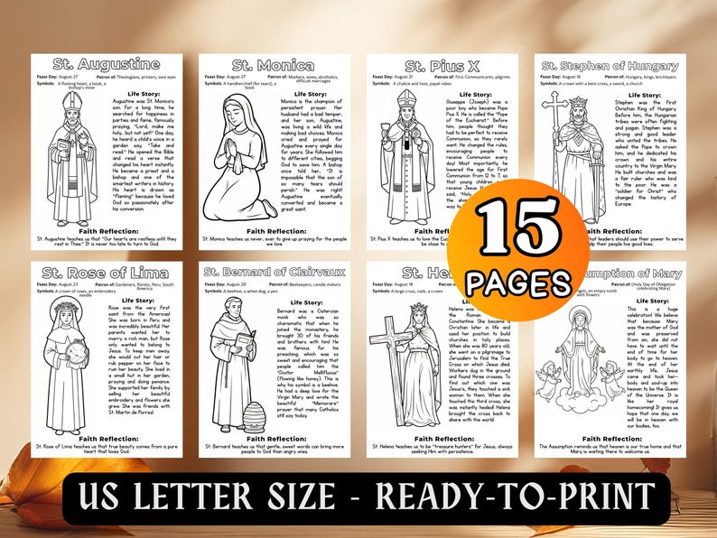 August Catholic Saints Coloring Pages Bundle Kids Monthly Saints ...