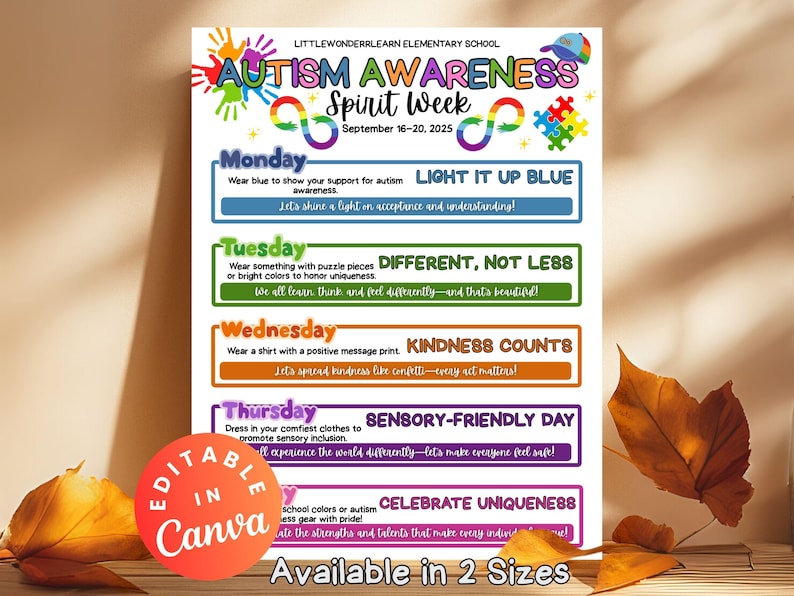 Autism Awareness Spirit Week Itinerary Schedule Special Needs Back to ...