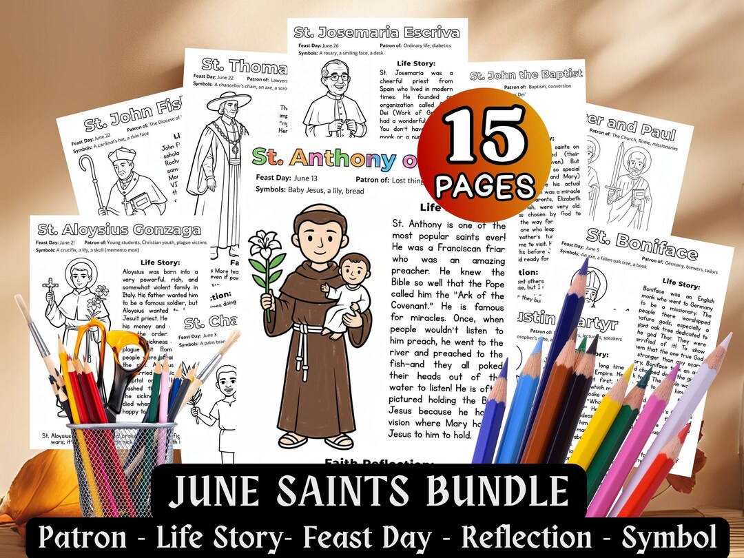 June Saints Feast Coloring Pages Bundle Kids Monthly Catholic Saint ...