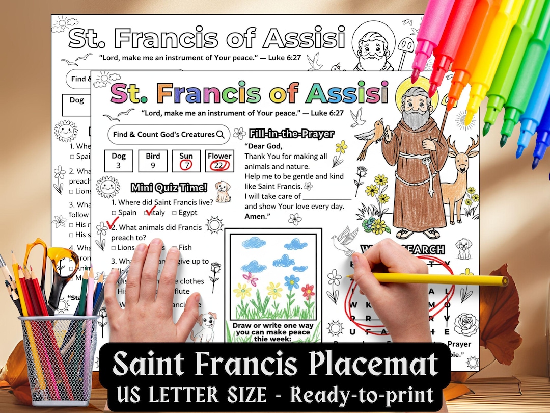 Saint Francis of Assisi Activity Placemat Kids Catholic Saint Coloring ...