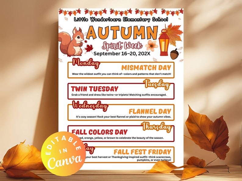 Autumn Spirit Week Flyer Template School Dress up Days Holiday Events ...