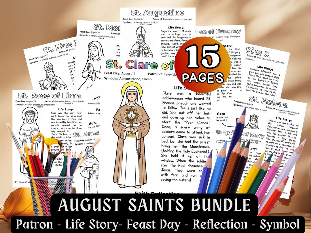 August Catholic Saints Coloring Pages Bundle Kids Monthly Saints ...