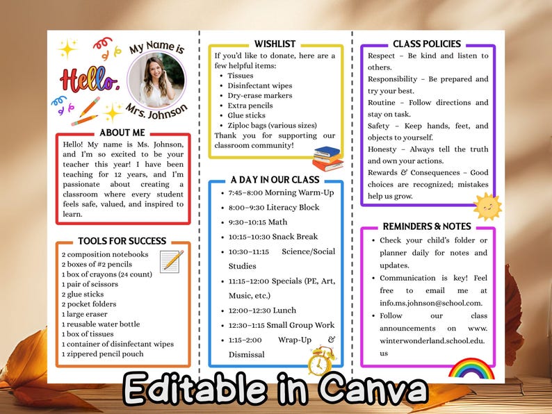 Meet the Teacher Trifold Brochure, Editable Template for Open House ...
