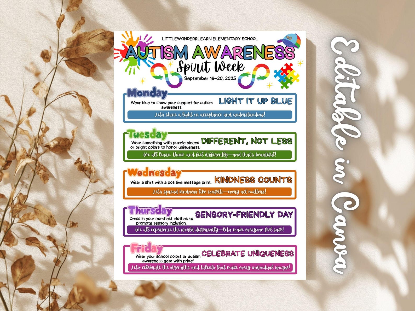 Autism Awareness Spirit Week Itinerary Schedule Special Needs Back to ...