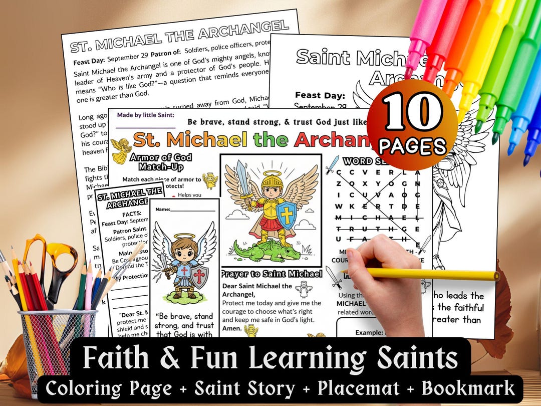 St Michael the Archangel Coloring Activity Placemat Kids Catholic Saint ...