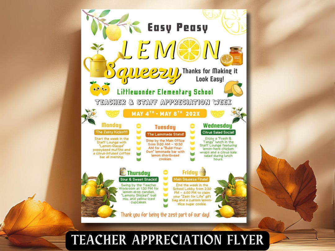 Lemon Theme Teacher Appreciation Week Itinerary Editable Template ...