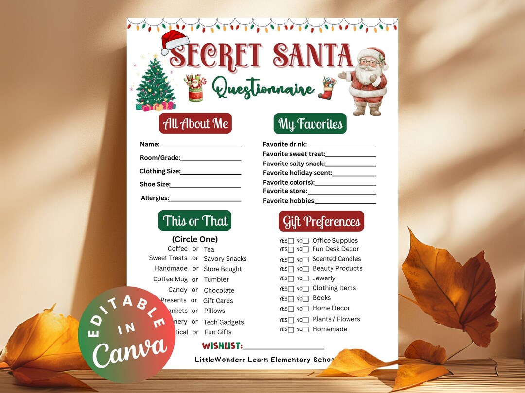 Secret Santa Questionnaires Christmas Wishlist Survey Teacher and Staff ...