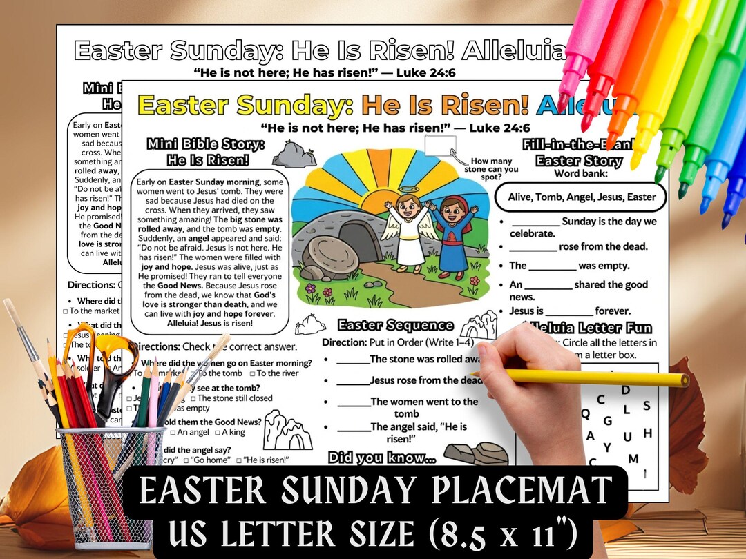 Easter Sunday Activity Placemat He is Risen Catholic School Worksheet ...