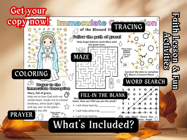 Immaculate Conception Coloring Placemat Kids Catholic Saint Activities ...