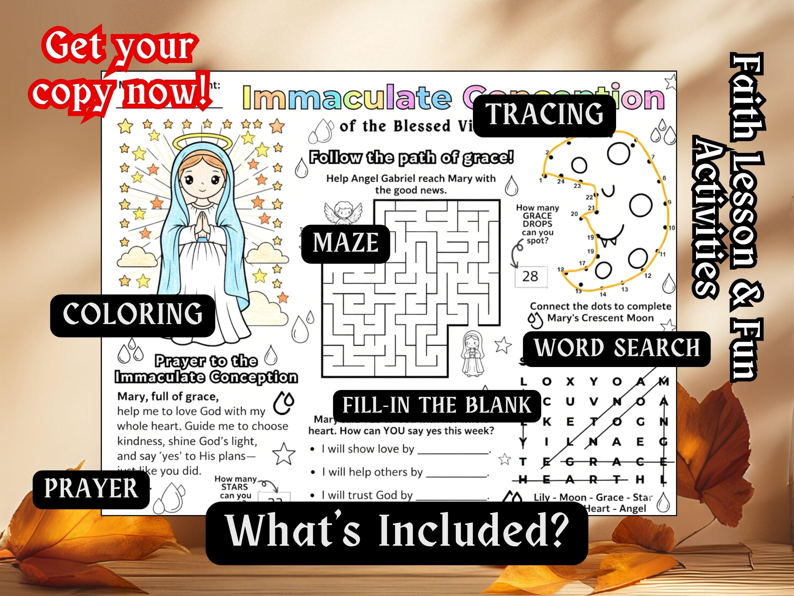 Immaculate Conception Coloring Placemat Kids Catholic Saint Activities ...