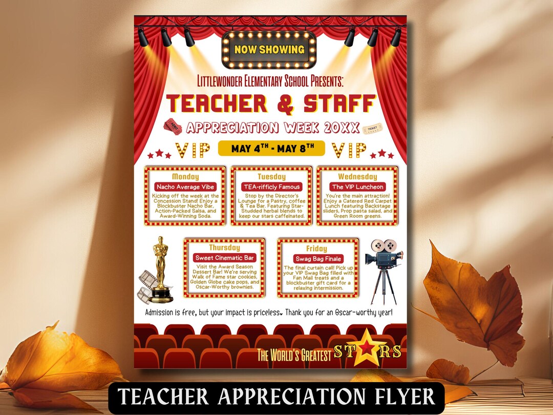 Hollywood Theme Teacher Appreciation Week Itinerary Flyer Editable ...