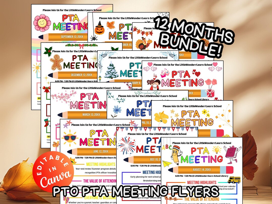 PTO Meeting Flyer Bundle 12 Months Parent Teacher Meeting Editable ...