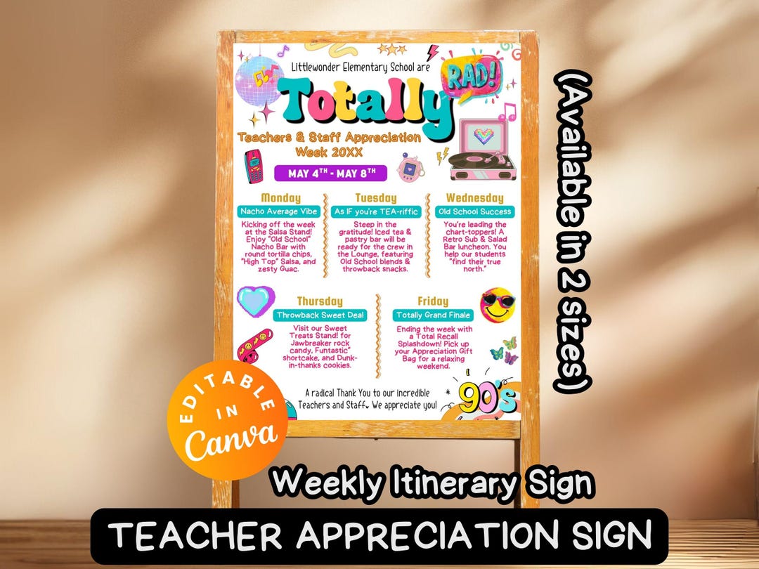 80s 90s Theme Signage Totally Rad Teacher Appreciation Week Itinerary ...