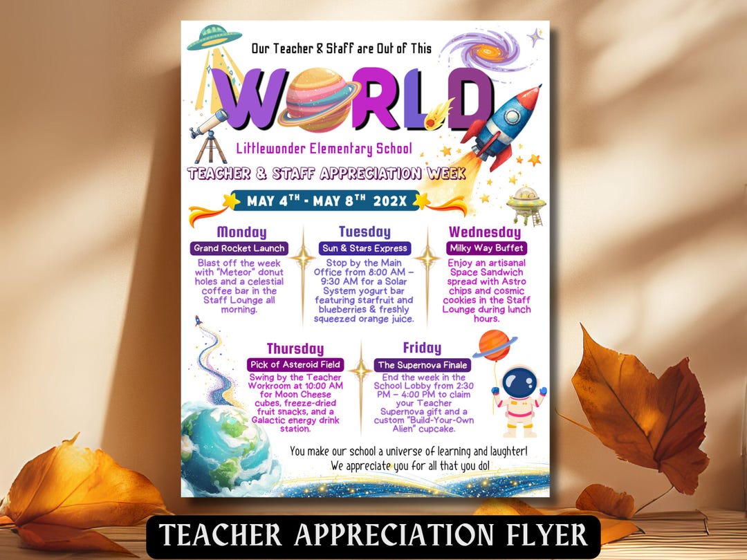 Outer Space Theme Teacher Appreciation Week Itinerary Flyer Editable ...