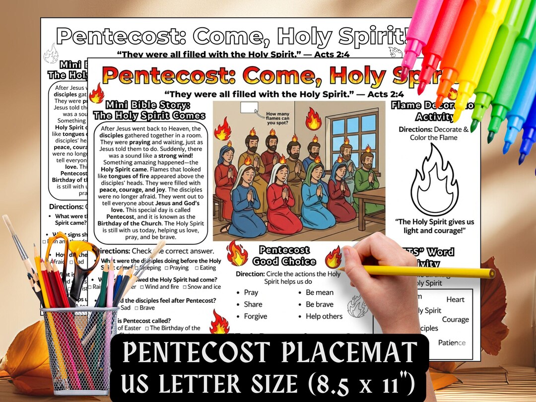 Pentecost Activity Placemat Kids Holy Spirit Catholic Church Worksheet ...