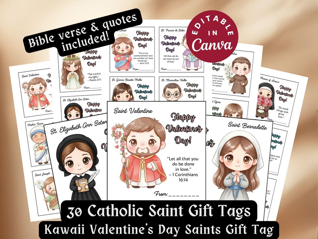 Kids Cute Saint Valentine's Day Gift Tags Printable Kawaii Catholic ...