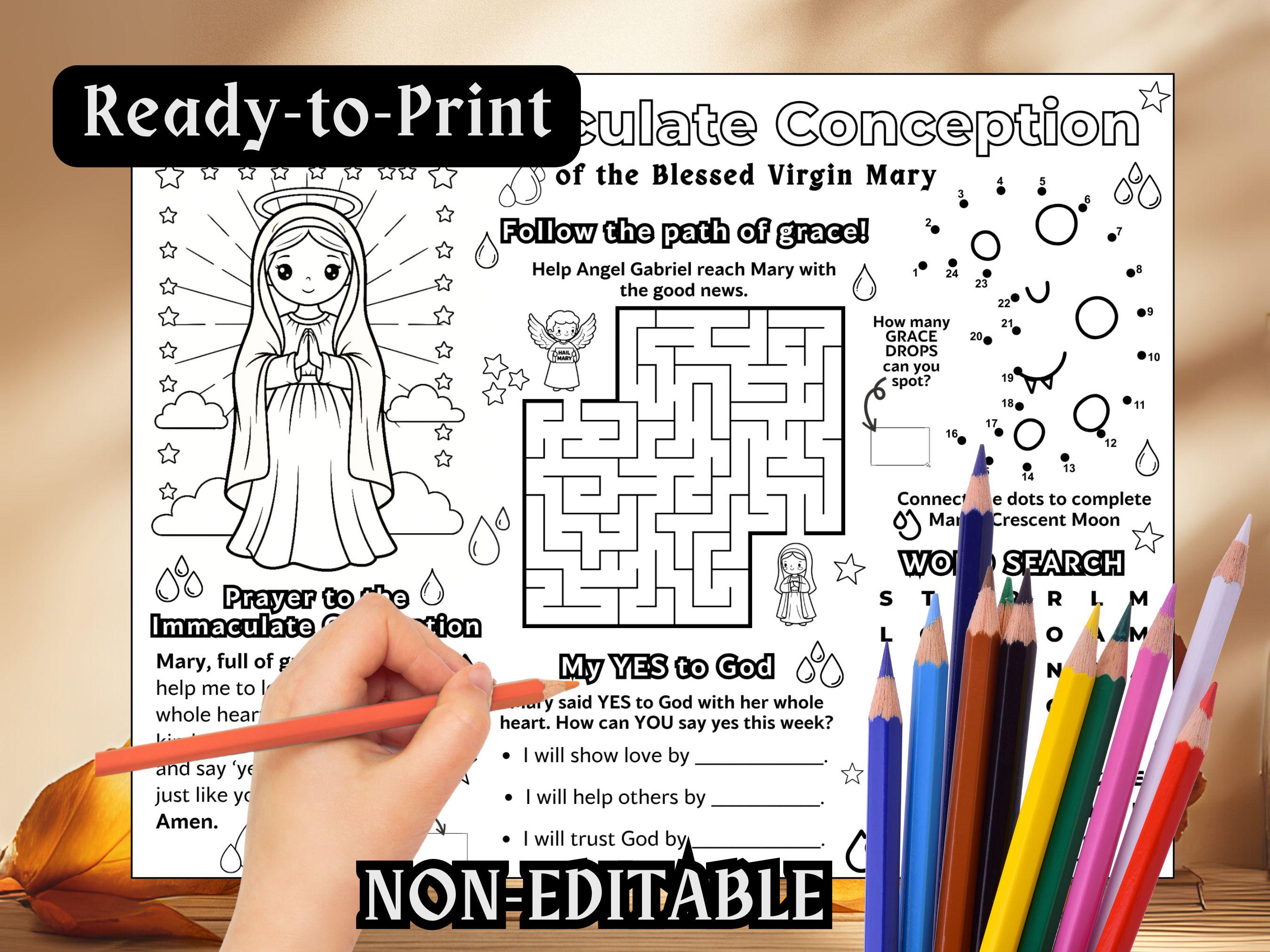 Immaculate Conception Coloring Placemat Kids Catholic Saint Activities ...