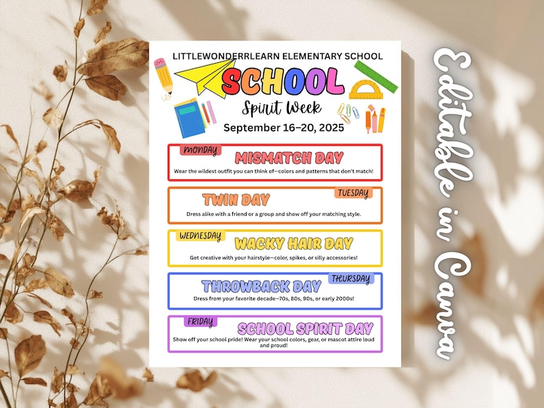 Back to School Spirit Week Itinerary Schedule Flyers Teacher & Staff ...