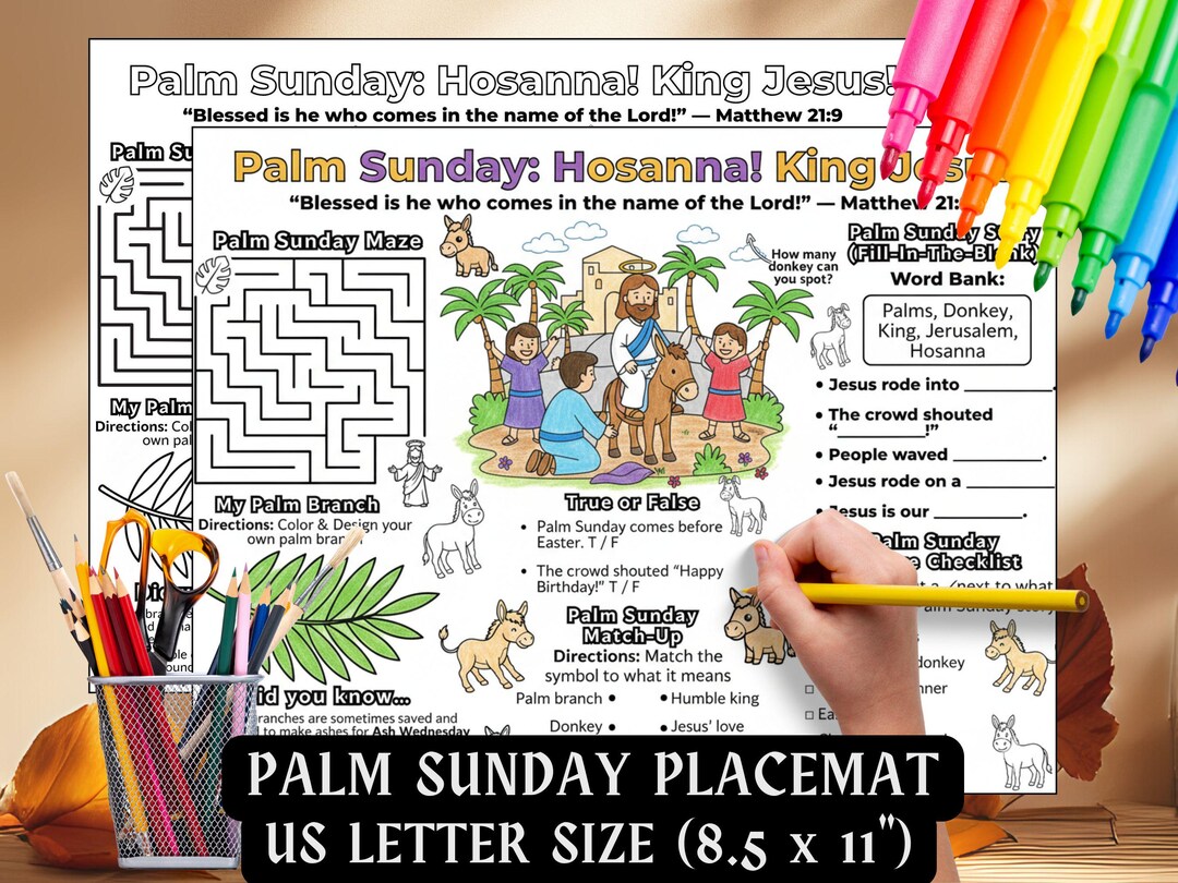 Palm Sunday Activity Placemat Kids Holy Week Catholic School Worksheet ...