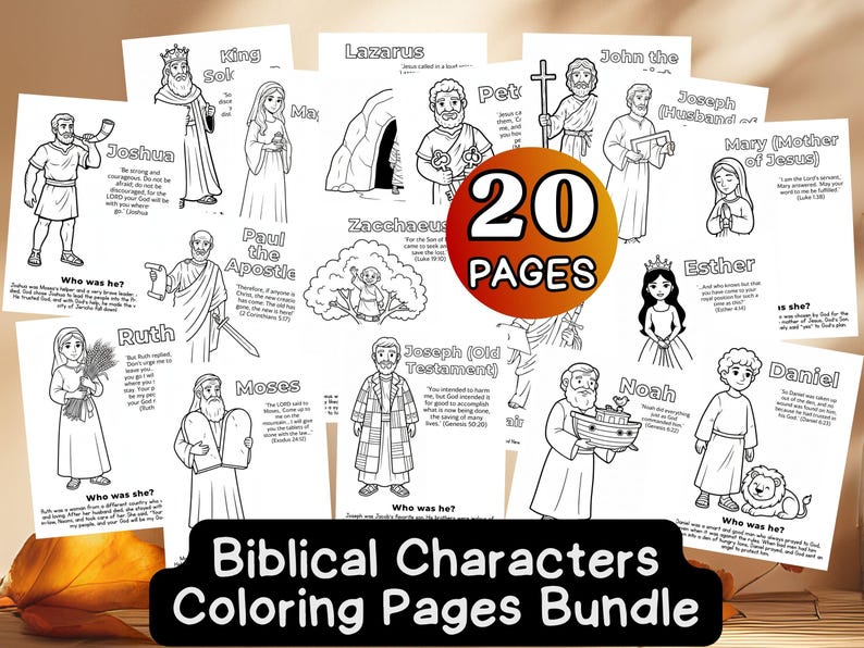 Biblical Character Coloring Pages Bundle Kids Bible Characters Stories ...